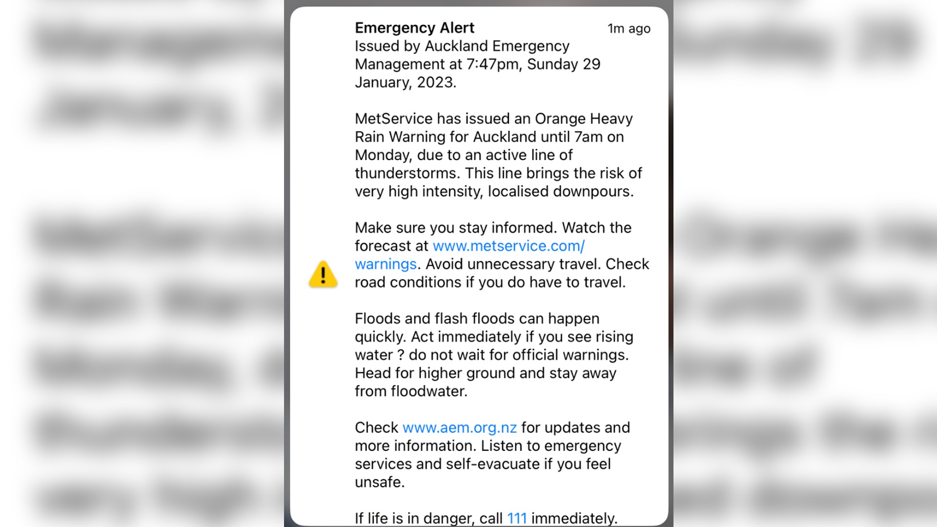Aucklanders issued emergency phone alert for downpours