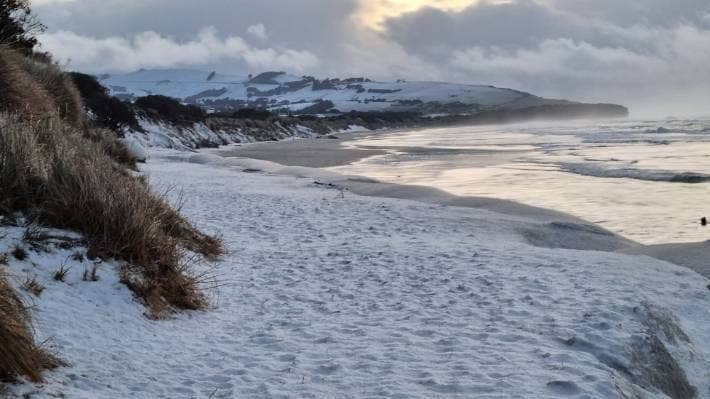 Snow sprinkles St Kilda Beach in Dunedin